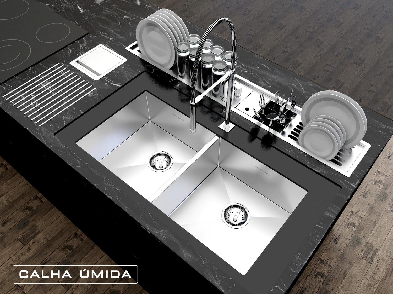 Cuba Dupla Inox Quadrada Pia C/ Válvula 80x40 Embutir - Calha Úmida