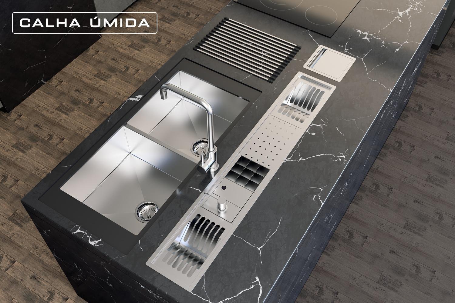 Cuba Dupla Inox Quadrada Pia C/ Válvula 80x40 Embutir - Calha Úmida