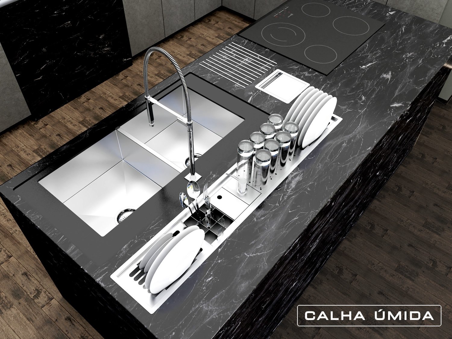 Cuba Dupla Inox Quadrada Pia C/ Válvula 80x40 Embutir - Calha Úmida