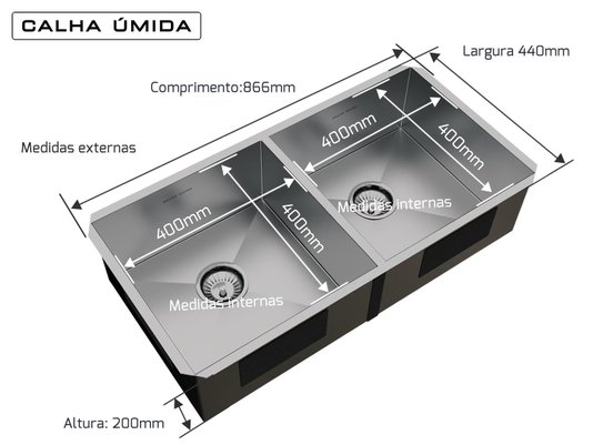 Cuba Dupla Inox Quadrada Pia C/ Válvula 80x40 Embutir - Calha Úmida